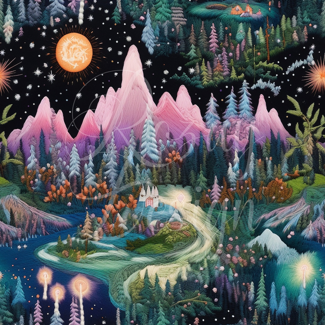 Northern Lights Mountain Scene | Embroidery | Seamless Patterns ...