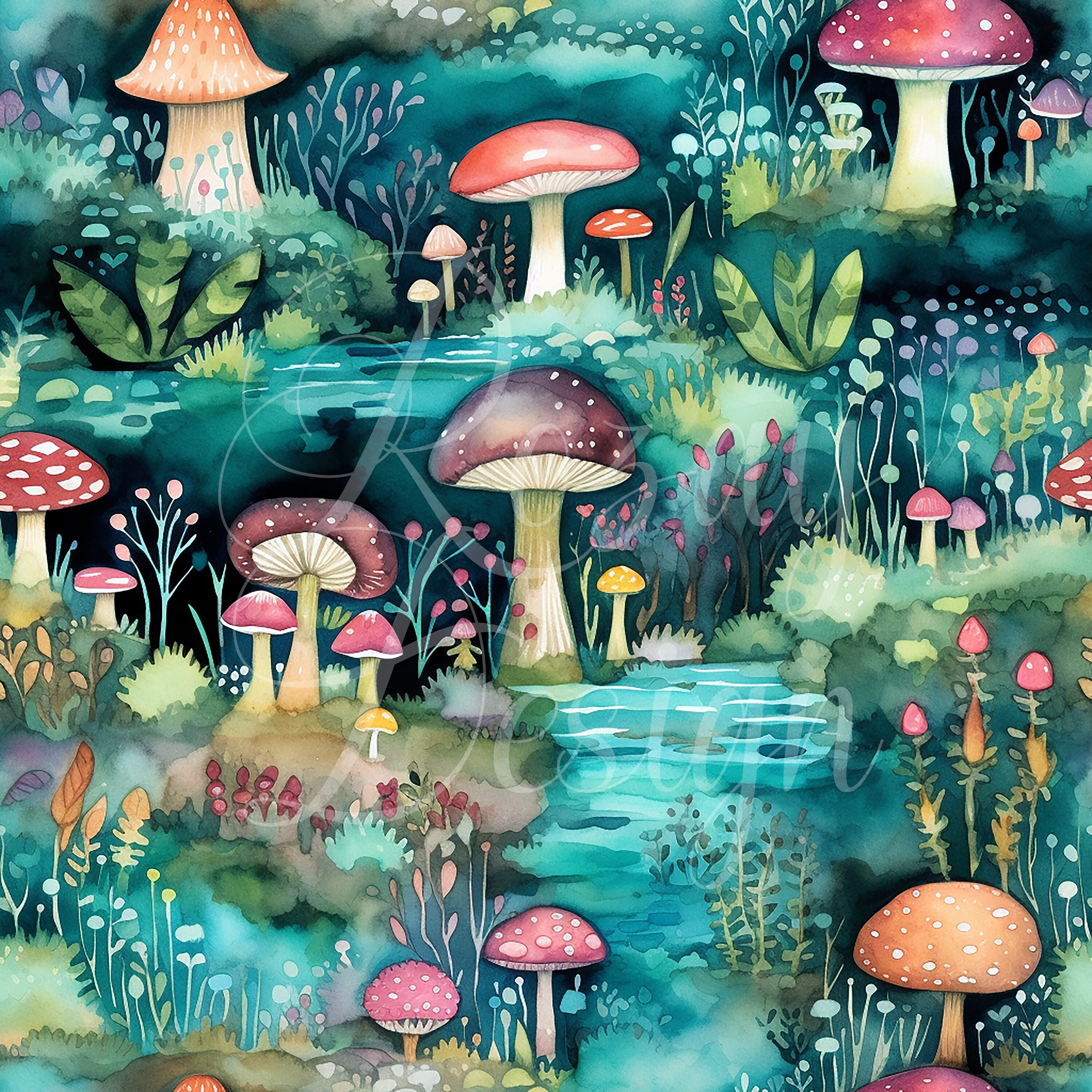 Jewel Toned Forest Mushrooms Seamless Patterns Instant Download ...