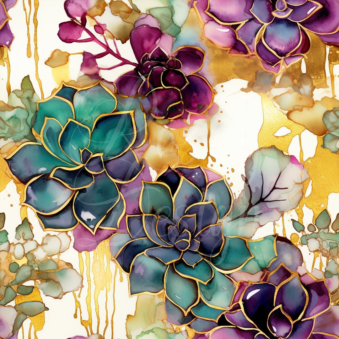Succulents With Gold Splatter | Seamless Patterns | Instant Download ...