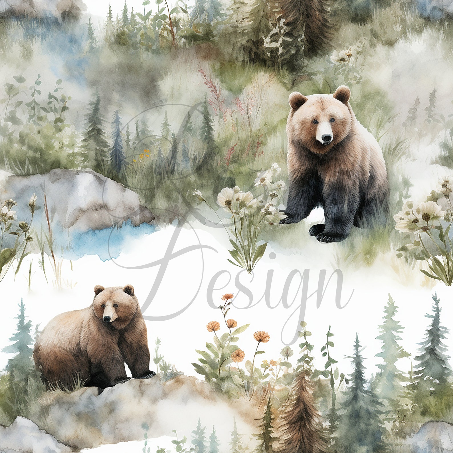 Bears in the Woods Seamless Patterns Instant Download Printable Digital ...