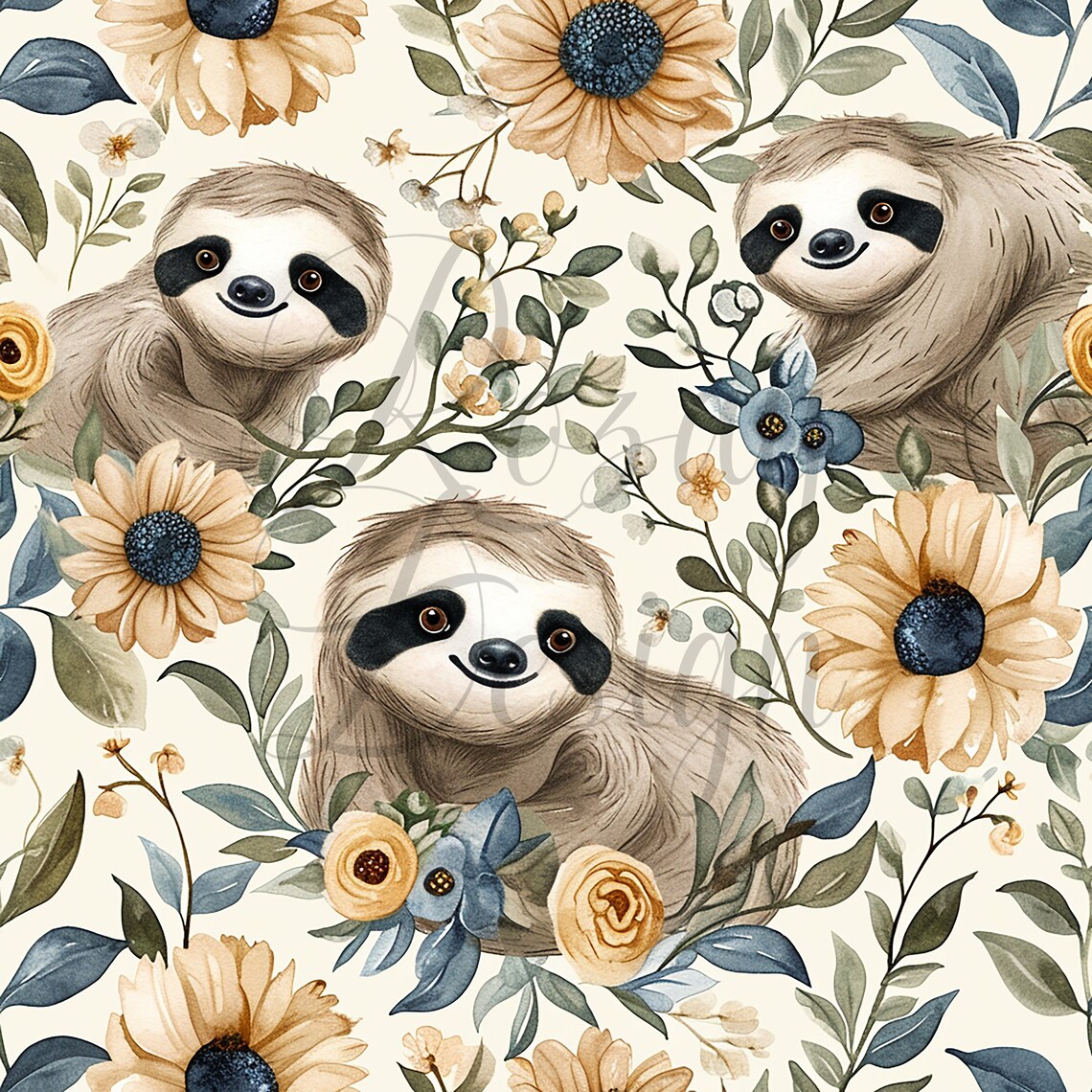 Floral Sloths Seamless Patterns Instant Download Printable Digital ...