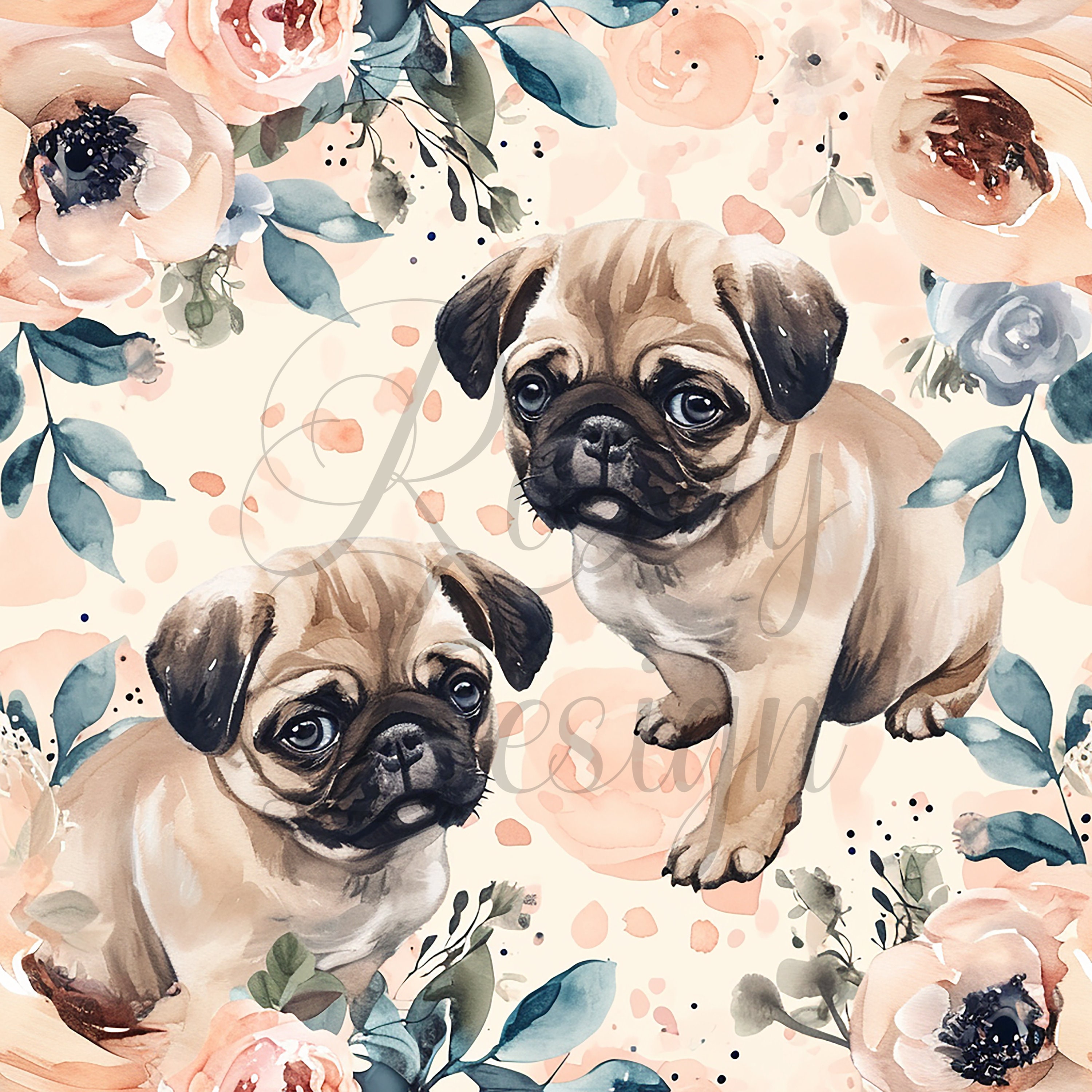 Floral Pug Seamless Patterns Instant Download Printable Digital Paper ...