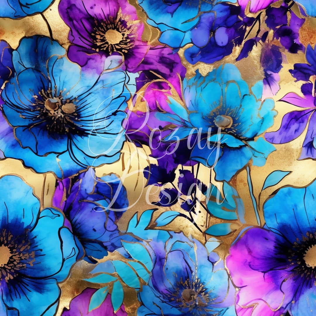 Blue Purple and Gold Floral | Seamless Patterns | Instant Download ...
