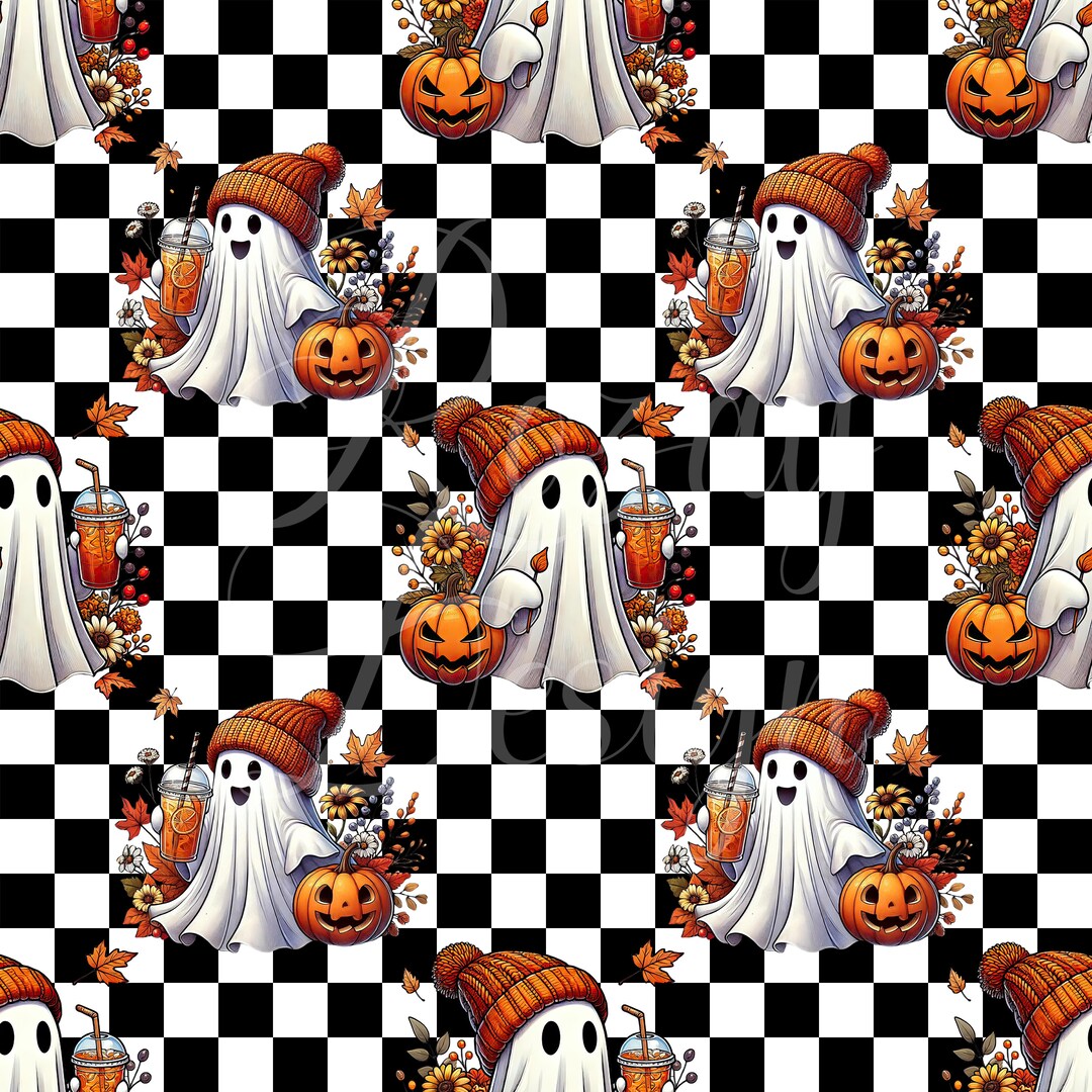 Checkered Ghosts With Iced Coffee | Halloween | Seamless Patterns ...