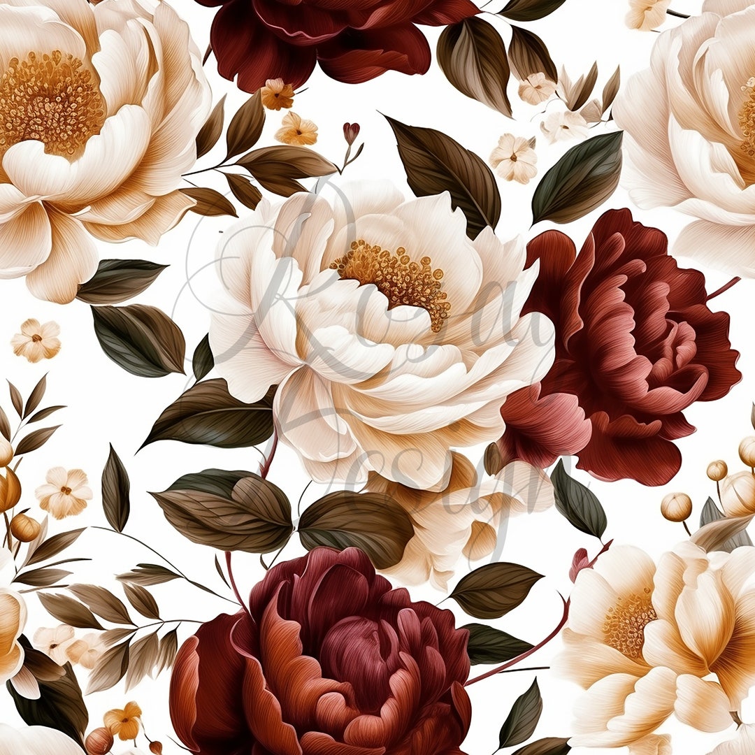 Red and Burgundy Peonies Fall Floral | Seamless Patterns | Instant ...