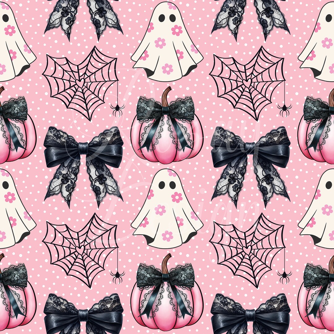 Cute Ghosts, Pumpkins, Spiderwebs, Bows | Pink | Halloween | Seamless ...