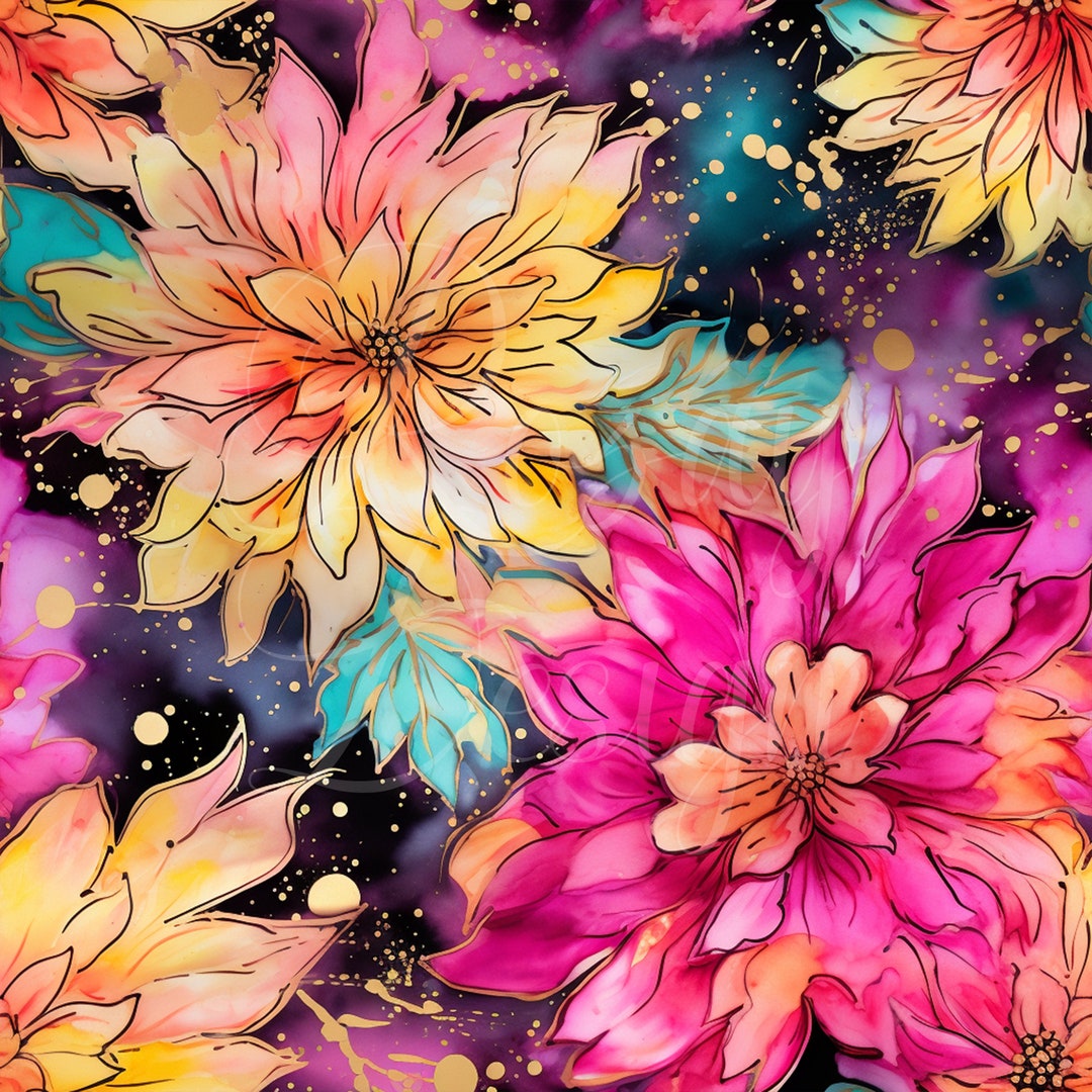 Grungy Dahlias With Gold Splatters | Seamless Patterns | Instant ...