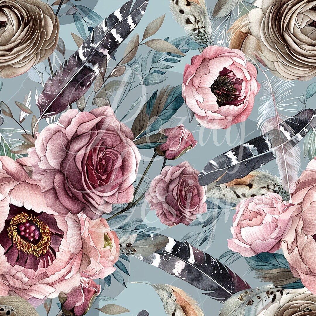 Boho Flowers With Feathers | Seamless Patterns | Instant Download ...