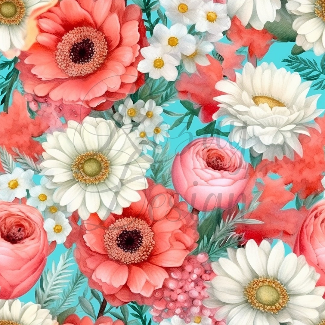 Coral and Turquoise Floral | Seamless Patterns | Instant Download ...