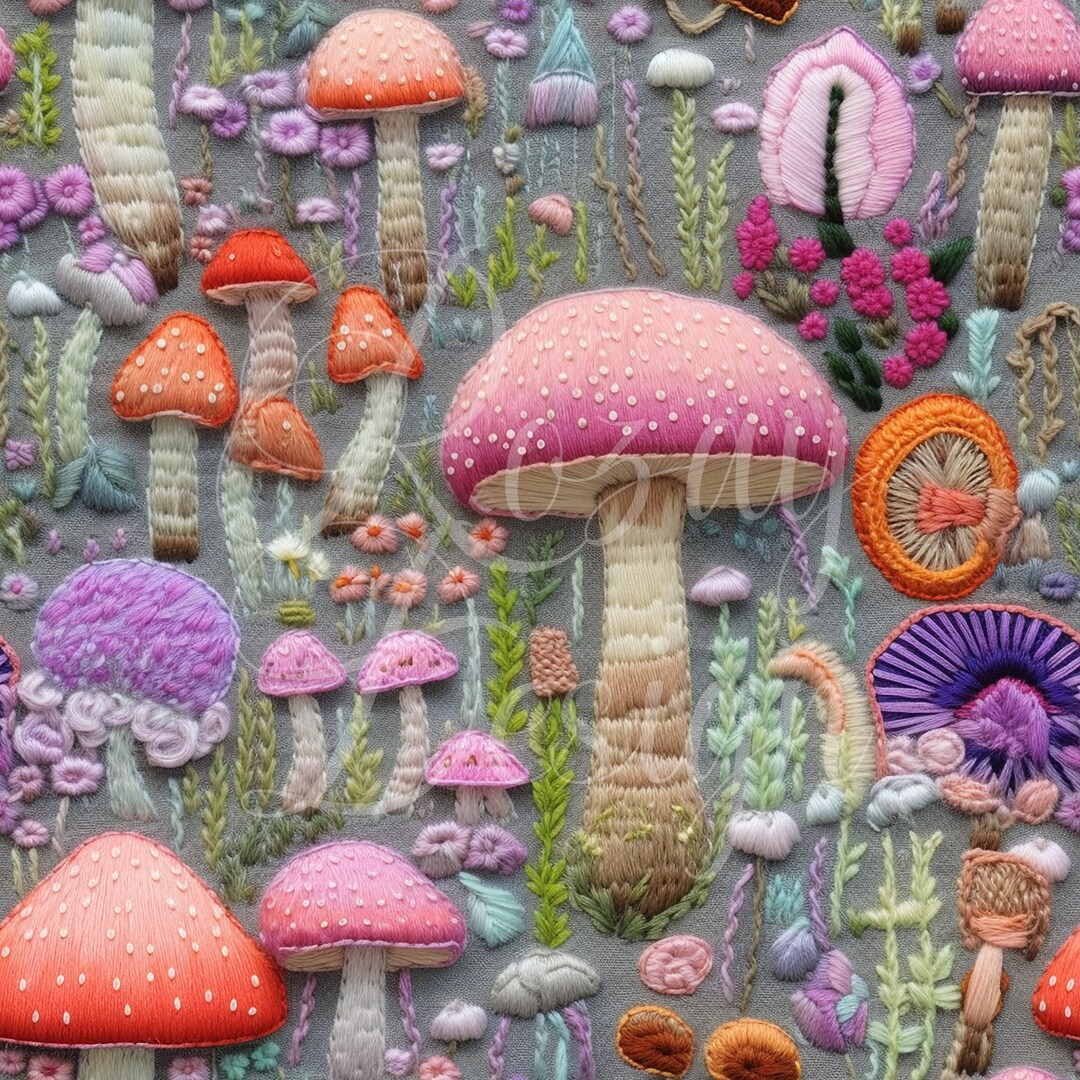 Pastel Embroidered Mushrooms | Embroidery | Seamless Patterns | Instant ...