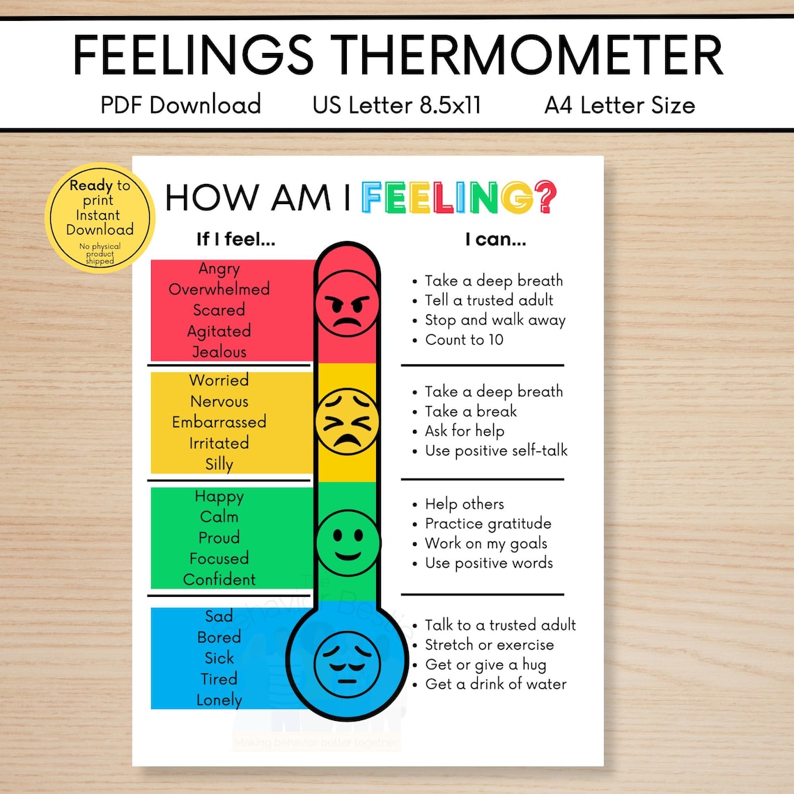 Feelings Thermometer Printable | Emotion Regulation Chart | Classroom ...