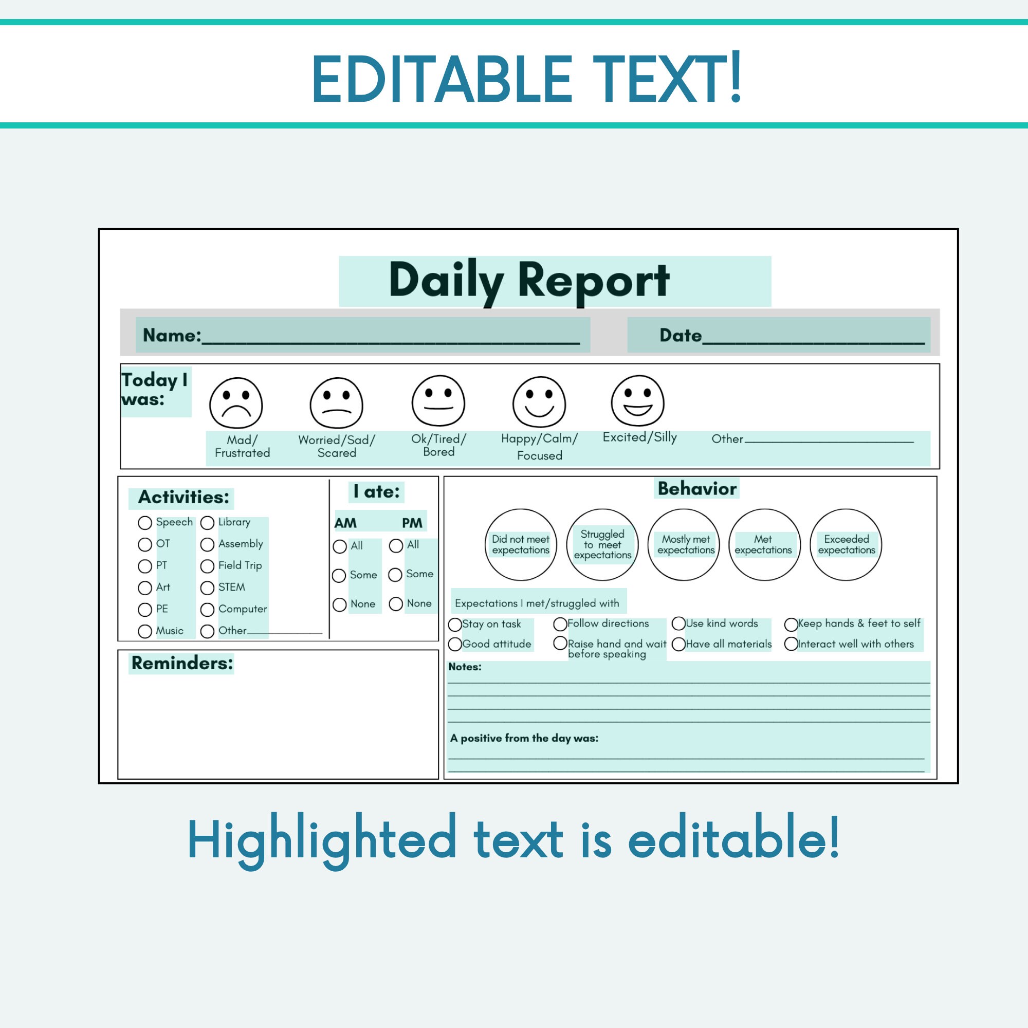 Editable Teacher Daily Report: Parent Communication (PDF Download) - Etsy