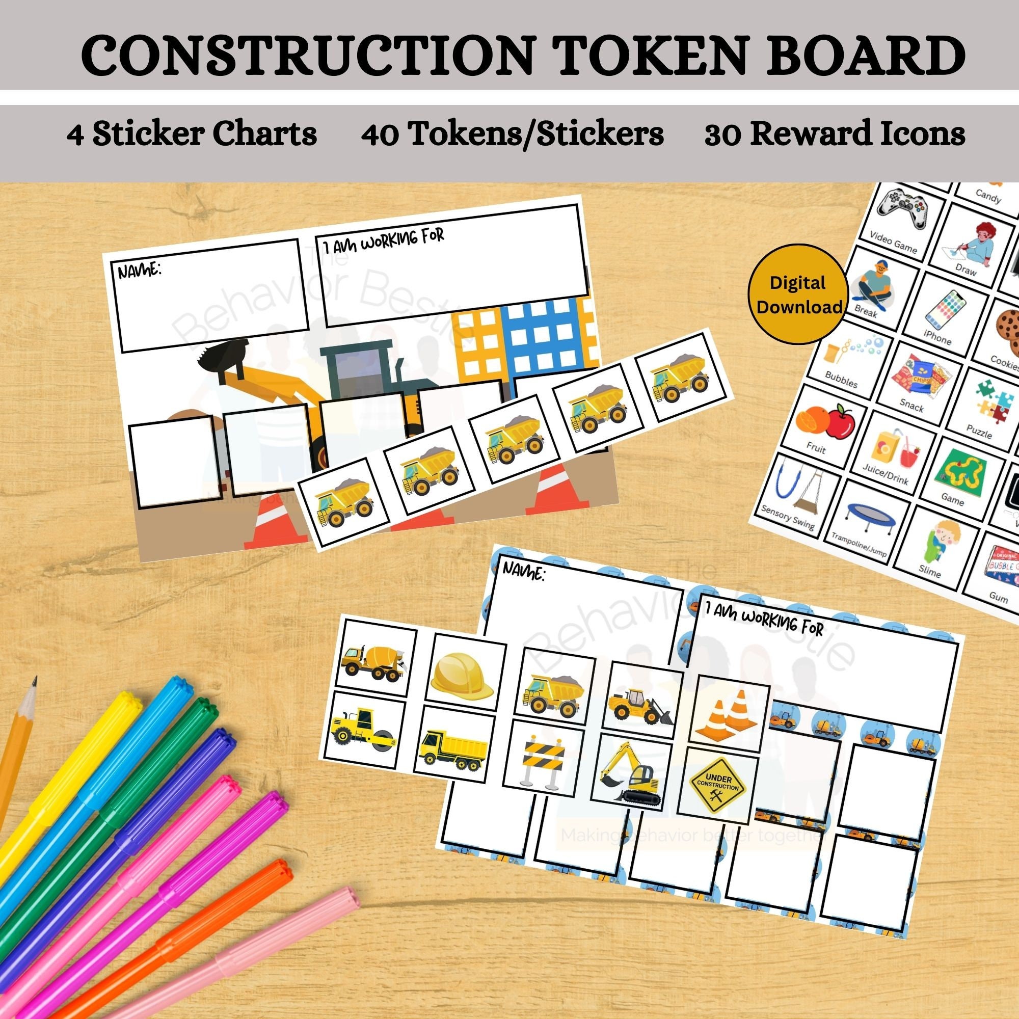 Printable Construction Token Board Construction Sticker Chart ...