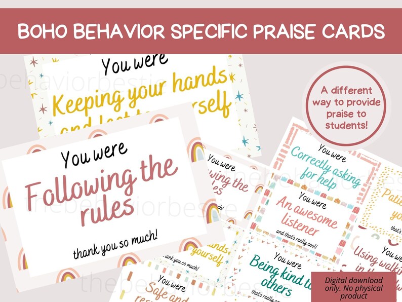 Boho Theme Positive Praise Cards | Behavior Specific Praise Cards ...