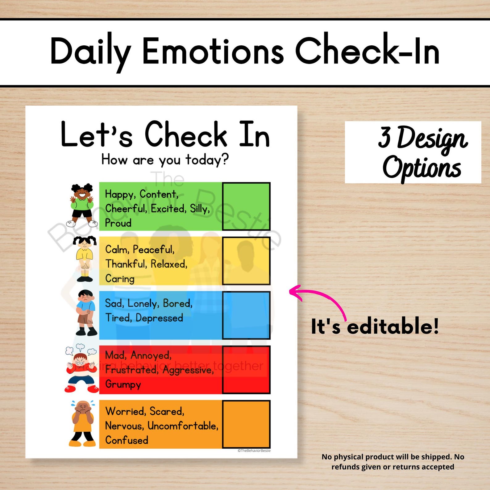 Kids' Daily Emotions Check-in Chart: Classroom & Therapy (digital ...