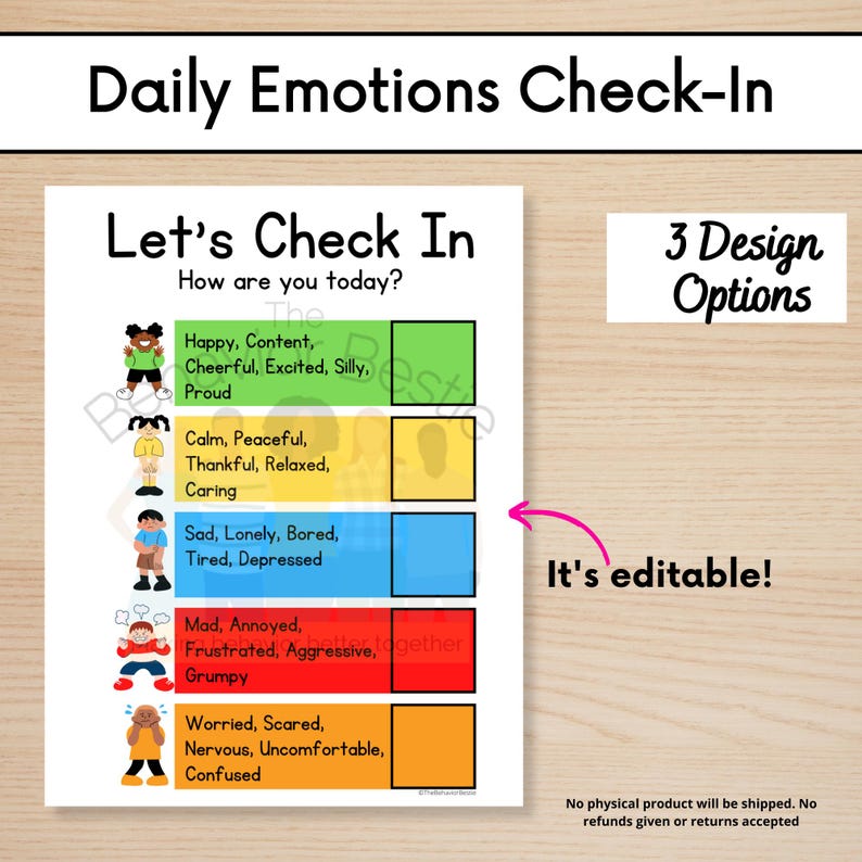 Kids' Daily Emotions Check-in Chart: Classroom & Therapy (digital ...