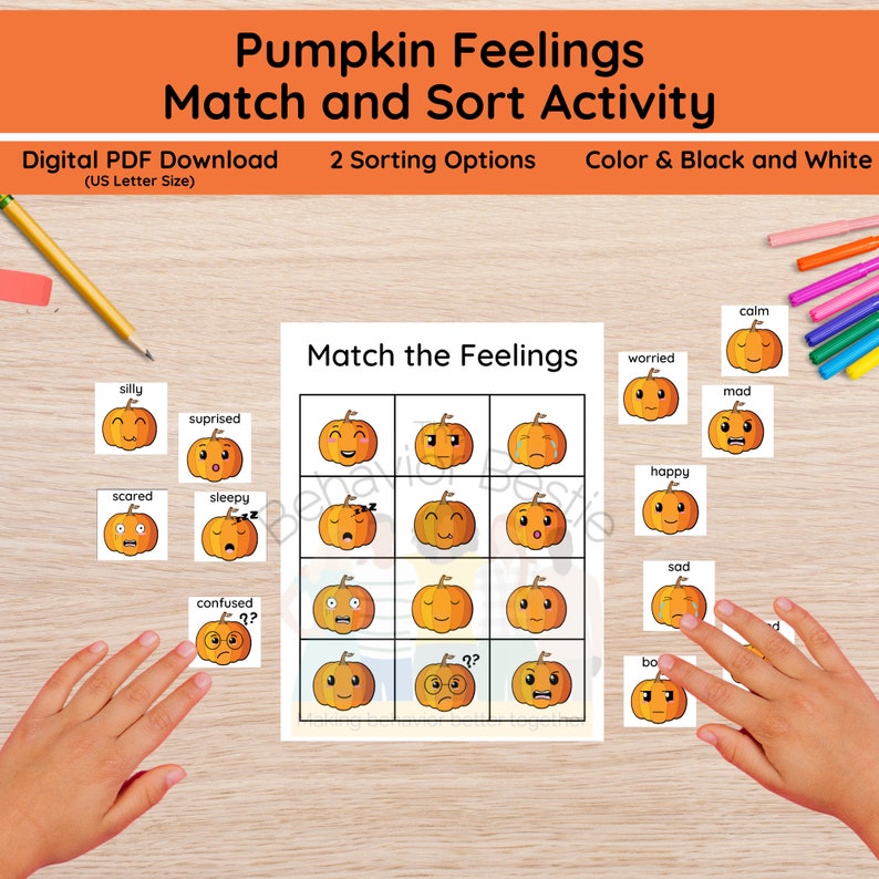 Pumpkin Feelings Match & Sort: Kids Emotions Activity (digital Download ...