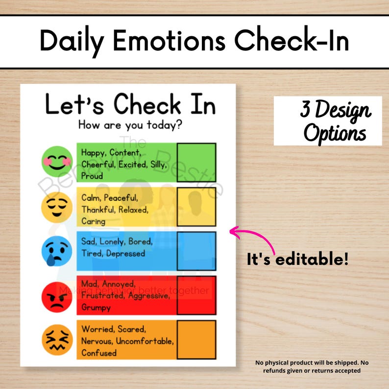 Printable Emotions Check-in Chart: Kids Feelings, Editable (PDF) - Etsy ...