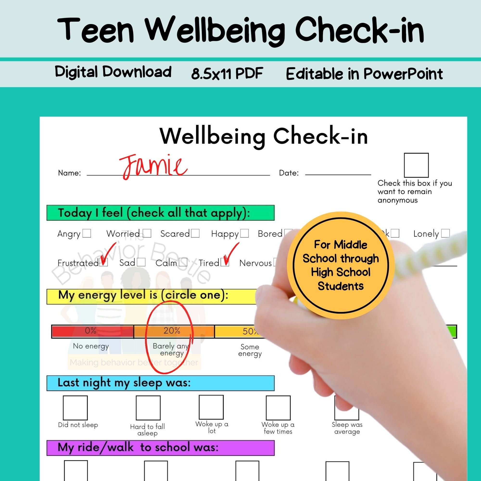 Teen Mental Health Check-in: Editable Student Wellness (PDF ...