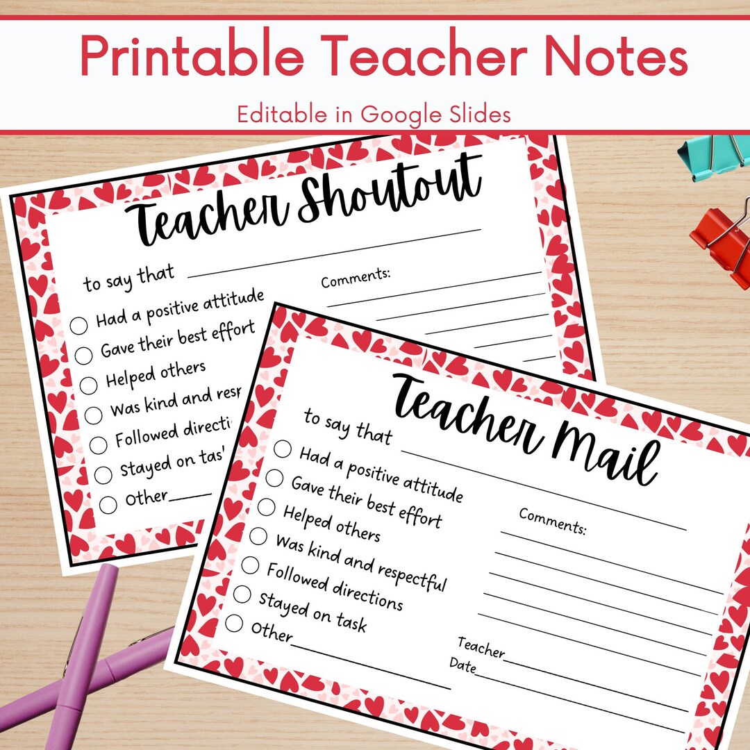 Printable Positive Teacher Note, Valentine Digital Teacher Mail ...