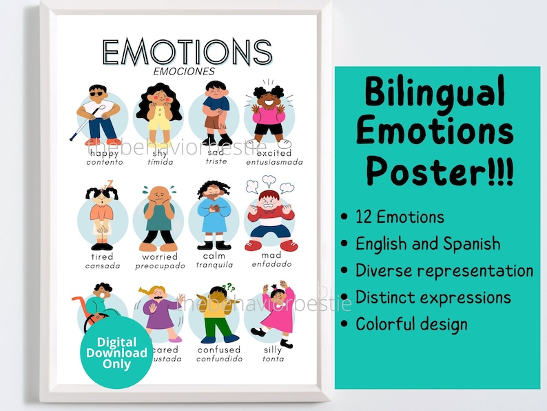 Bilingual SPANISH-ENGLISH Emotions Poster Digital Feelings Chart ...