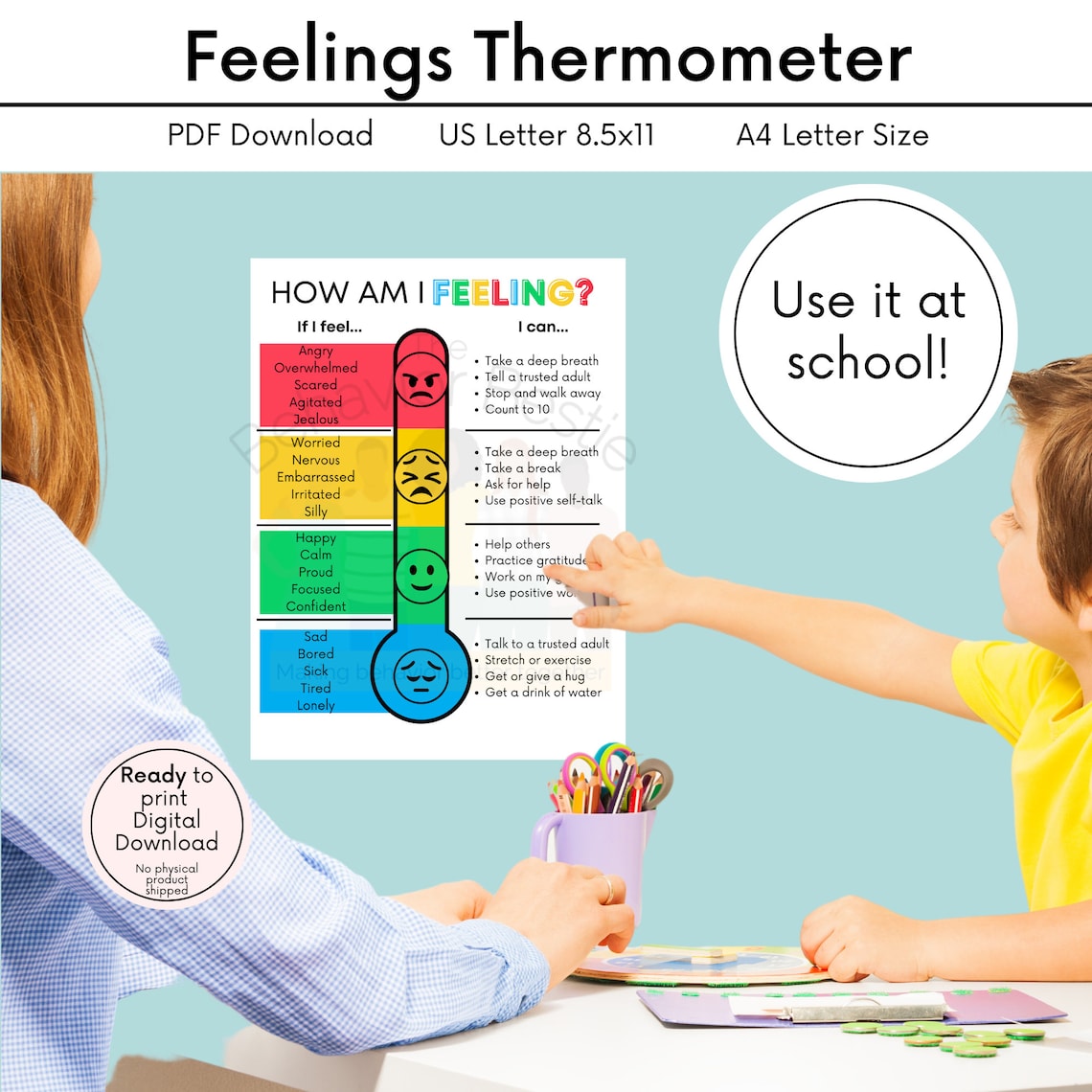 Feelings Thermometer Printable | Emotion Regulation Chart | Classroom ...