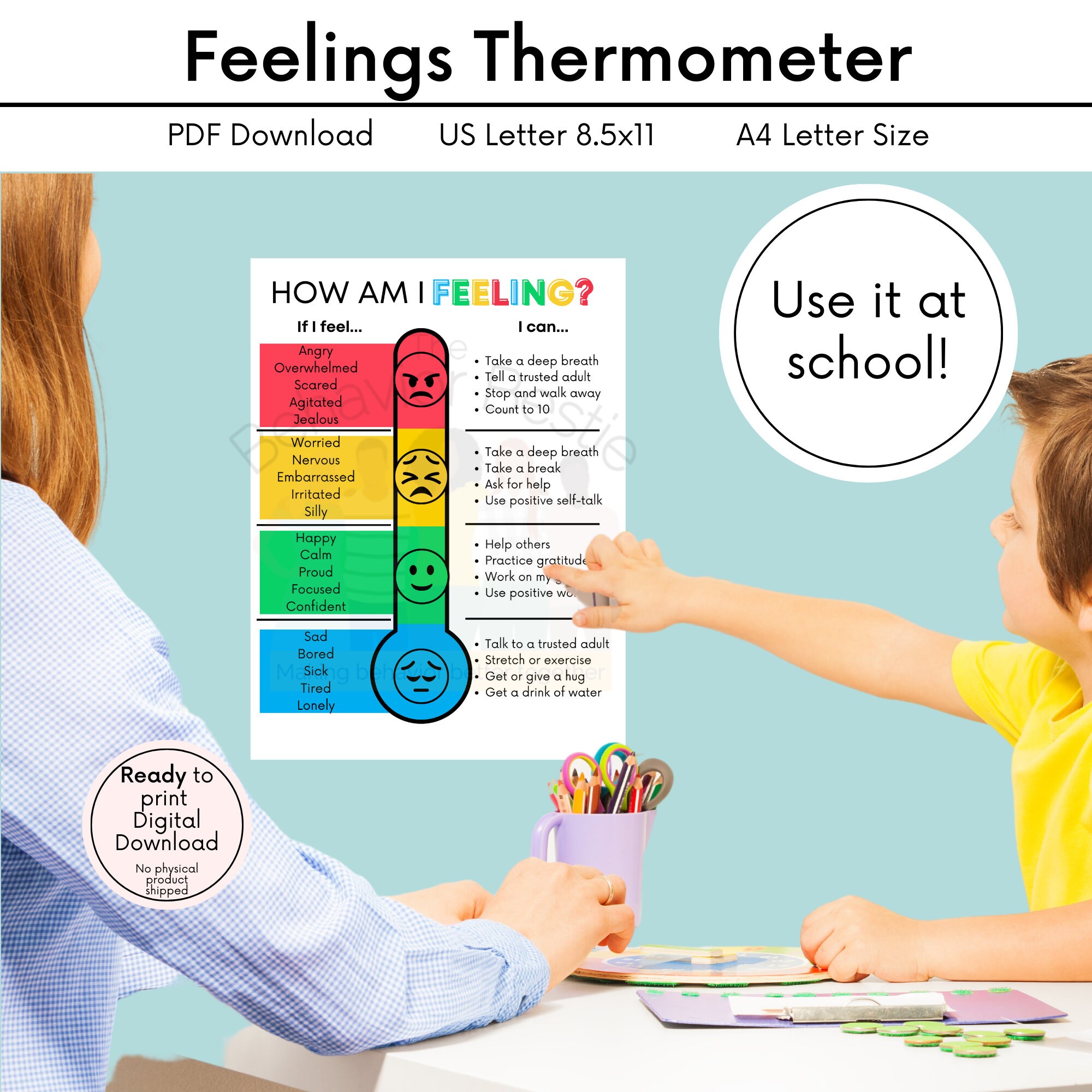 Feelings Thermometer, Feelings Poster, Calm Down Corner Classroom ...