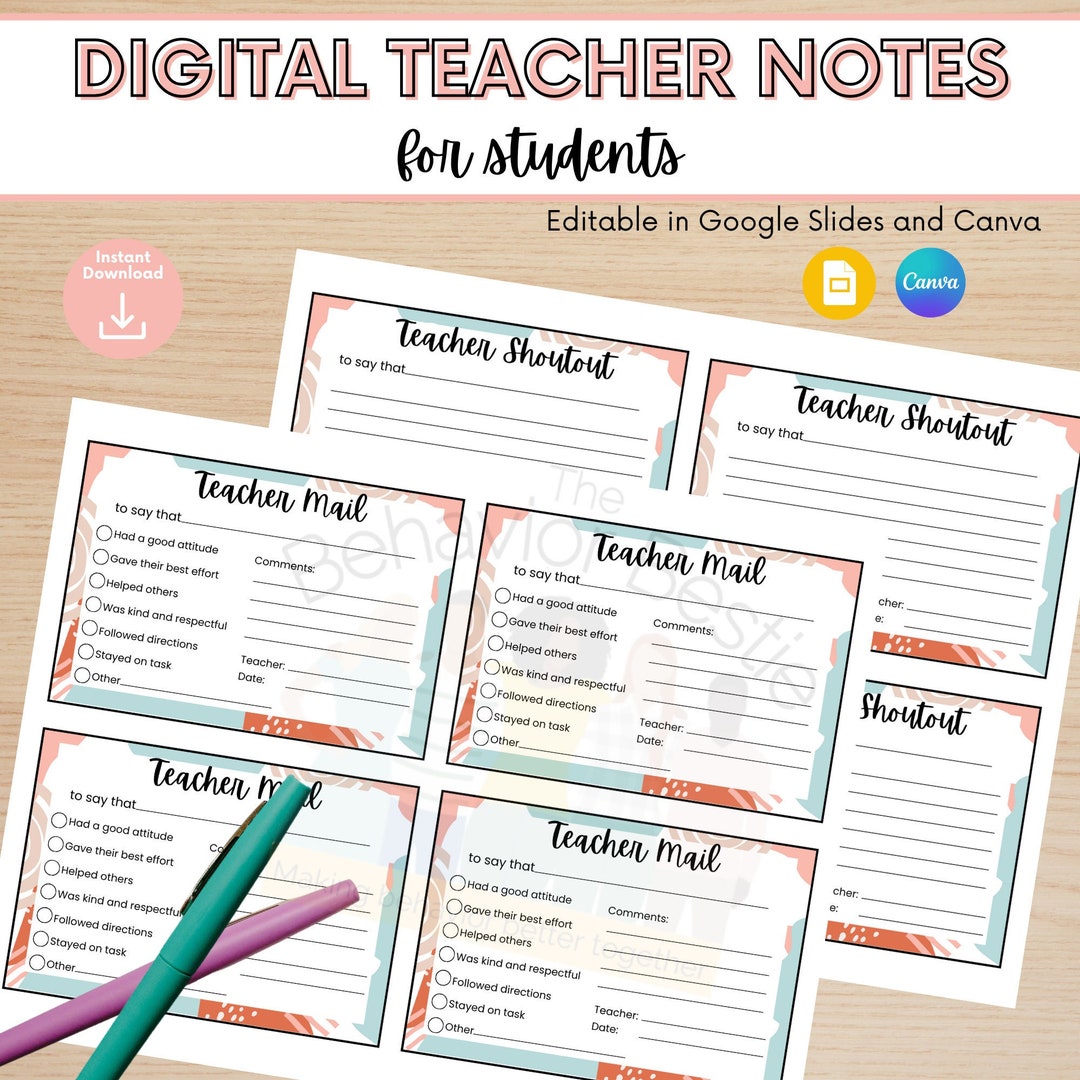 Multiple Printable Teacher Note, PDF Teacher Mail, Positive Note Home ...