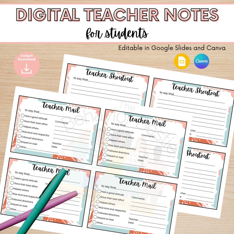 Multiple Printable Teacher Note, PDF Teacher Mail, Positive Note Home ...