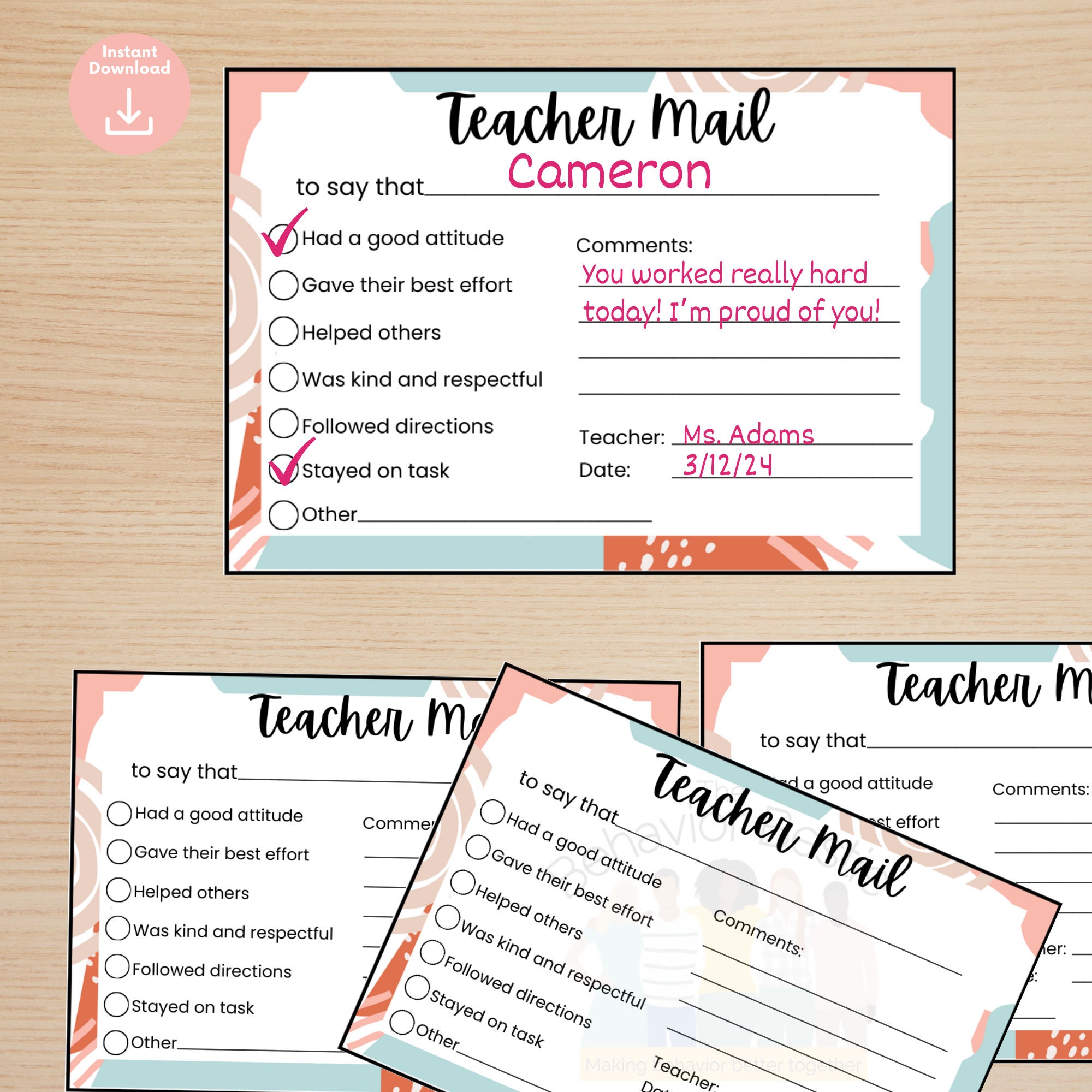 Multiple Printable Teacher Note, PDF Teacher Mail, Positive Note Home ...
