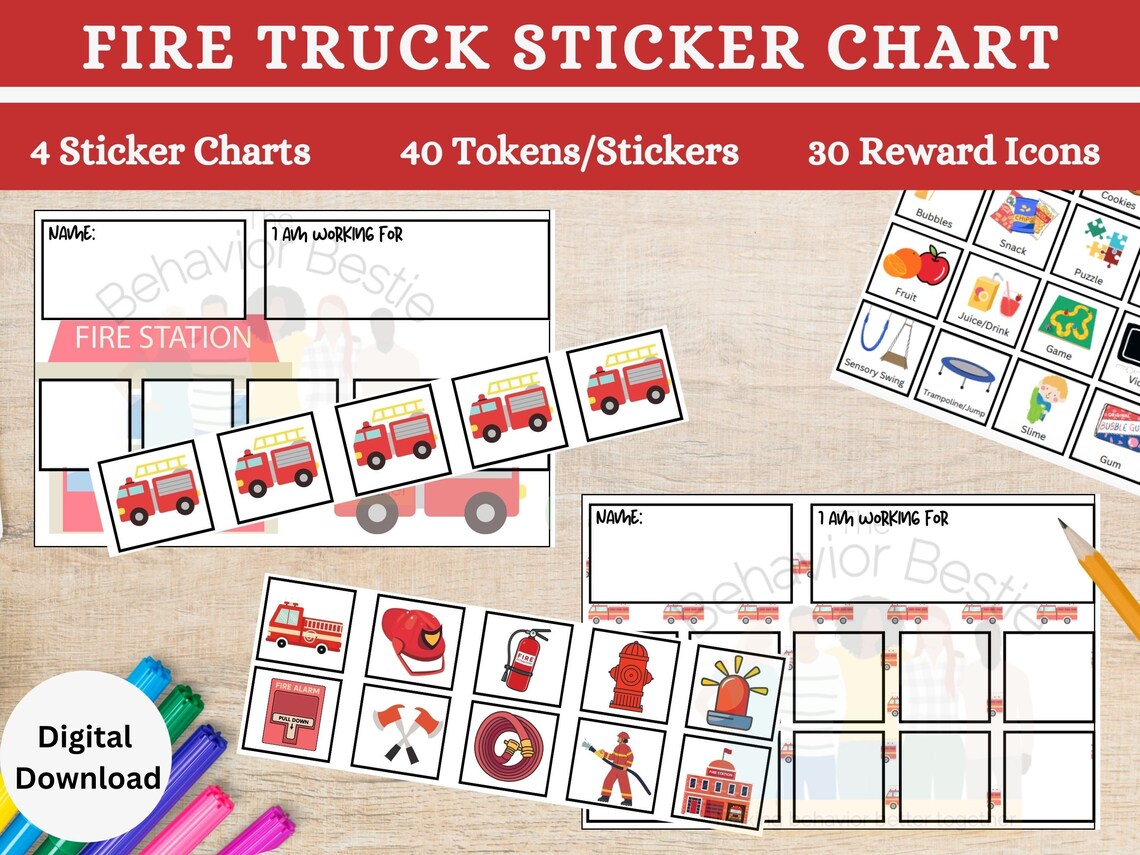 Fire Truck Sticker Chart Fire Truck Token Board Behavior Management ...