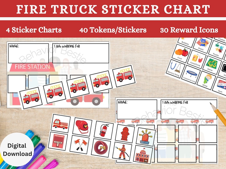 Fire Truck Sticker Chart | Fire Truck Token Board Behavior Management ...