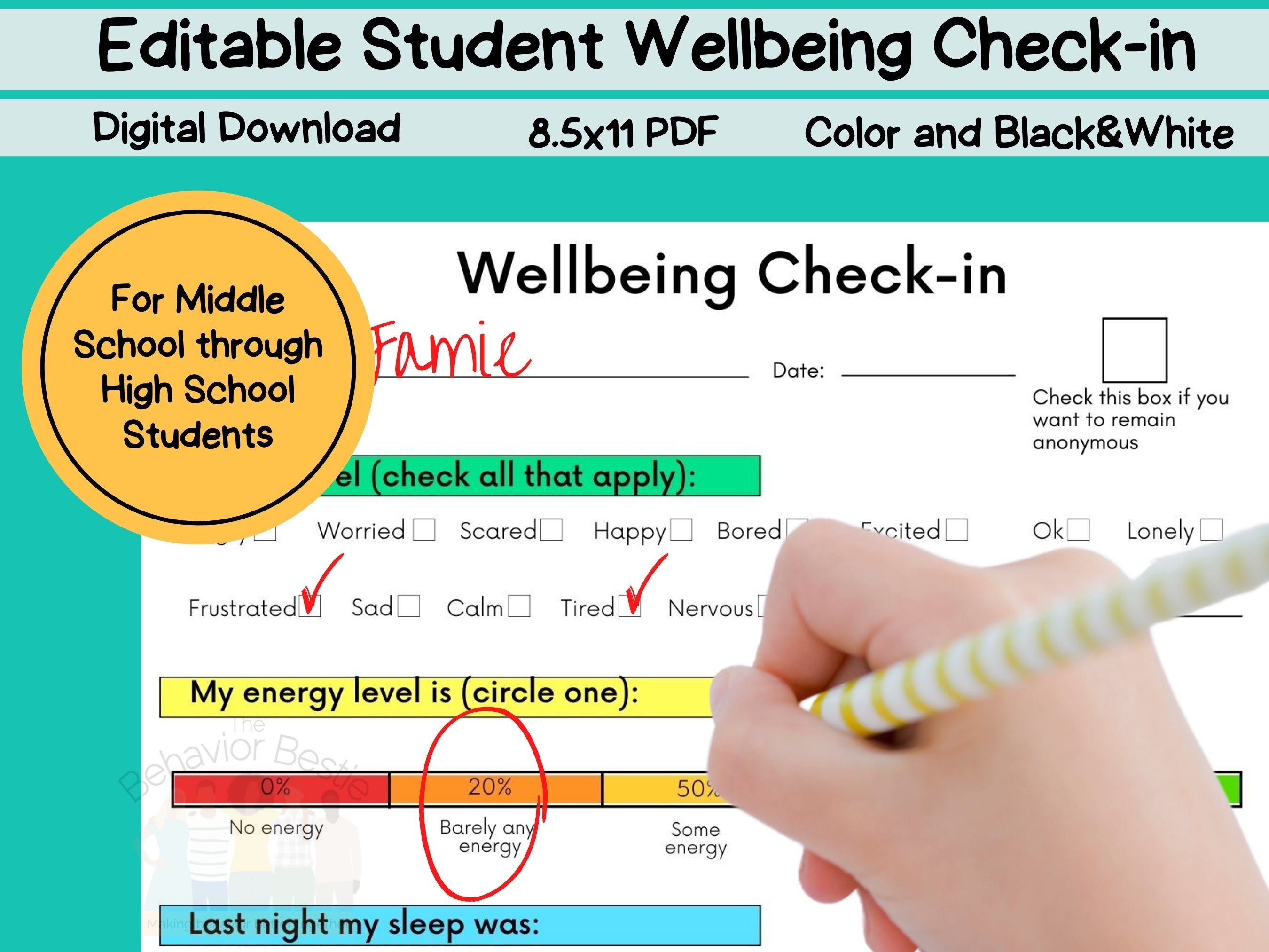 Teen Mental Health Check-in: Editable Student Wellness (PDF ...