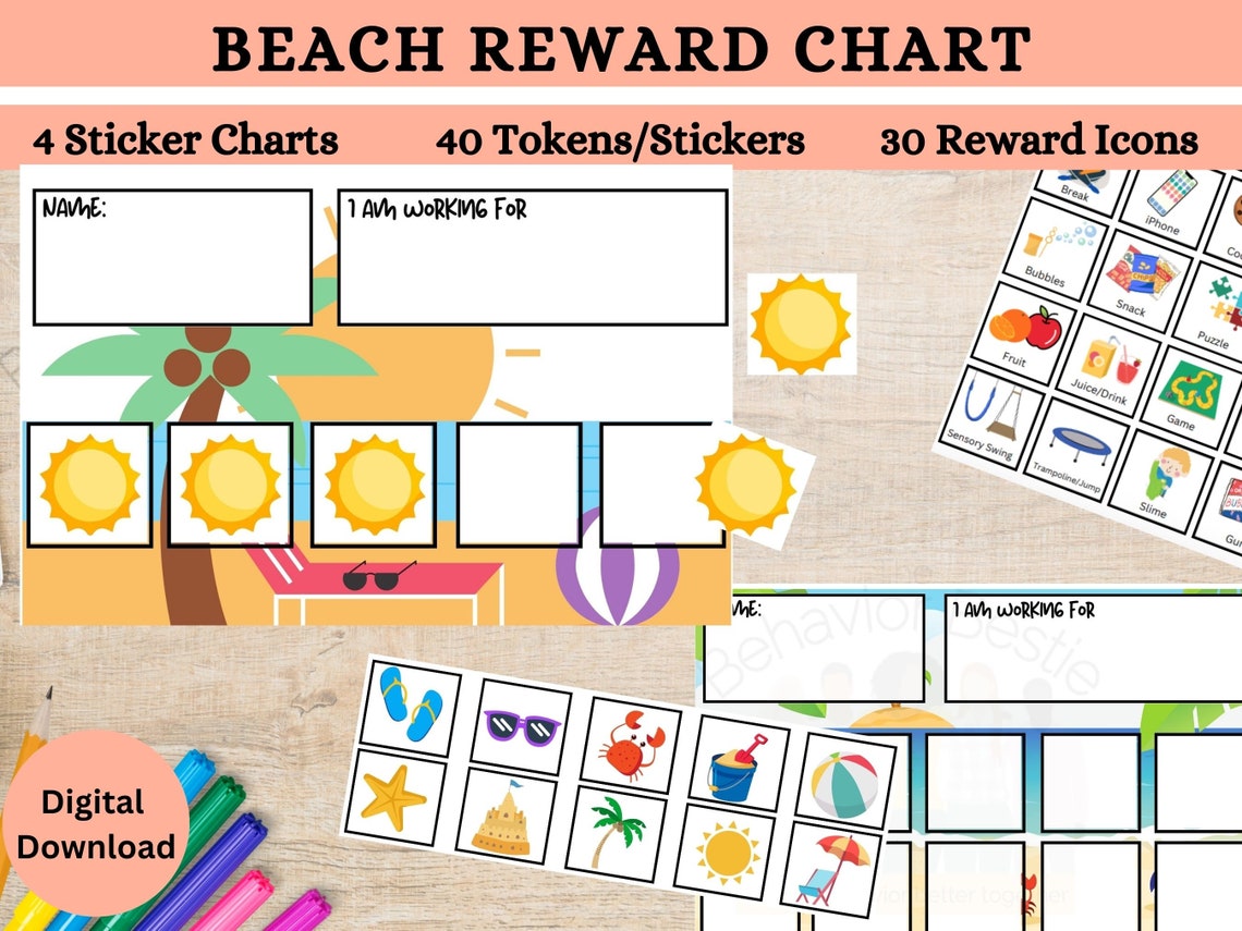 Printable Beach Themed Reward Token Chart Summer Sticker Chart Summer ...