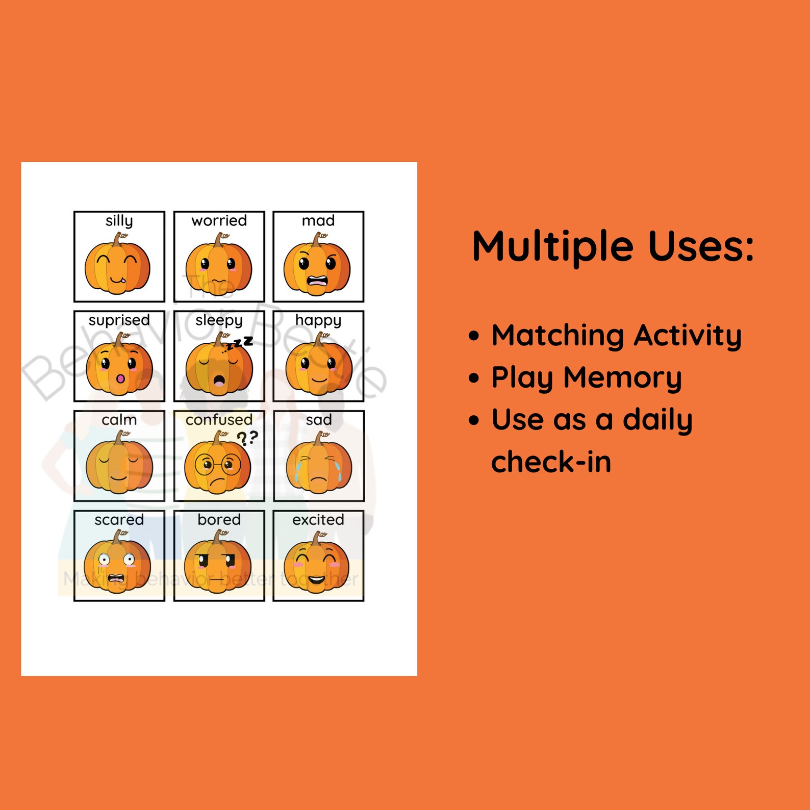 Pumpkin Feelings Match & Sort: Kids Emotions Activity (digital Download ...
