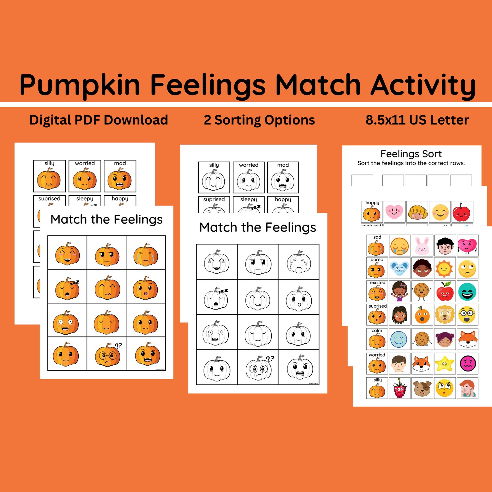 Pumpkin Feelings Match and Sort, Preschool Feelings Activity, Emotions ...