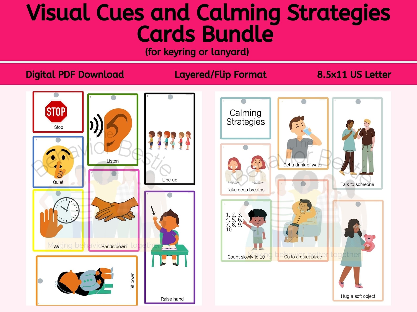 Printable Behavior Cue Cards Visual Cue Cards Calming Strategy Cards Behavior Lanyard Behavior ...