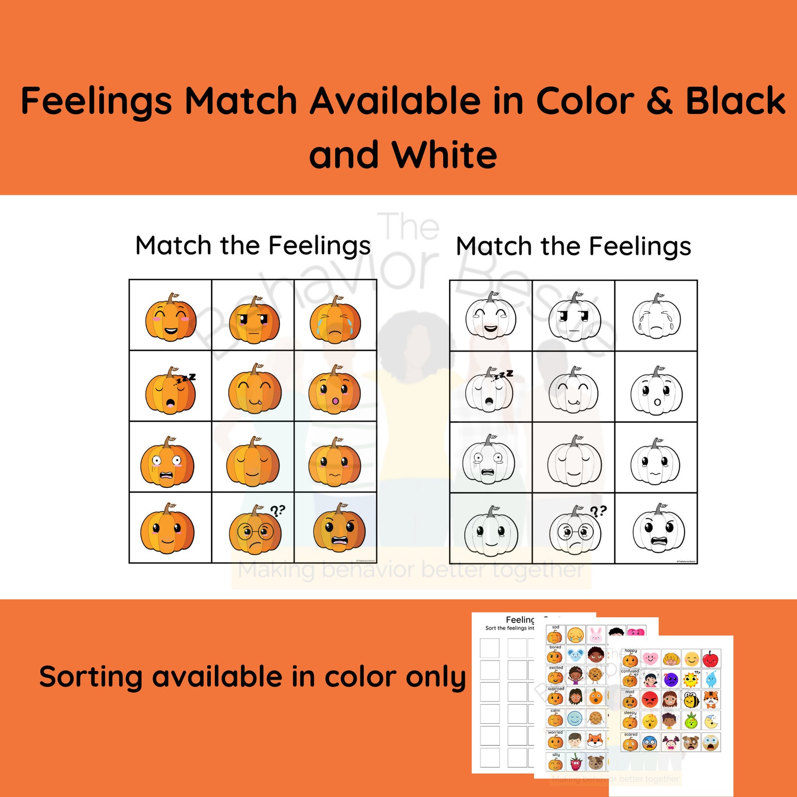 Pumpkin Feelings Match and Sort, Preschool Feelings Activity, Emotions ...