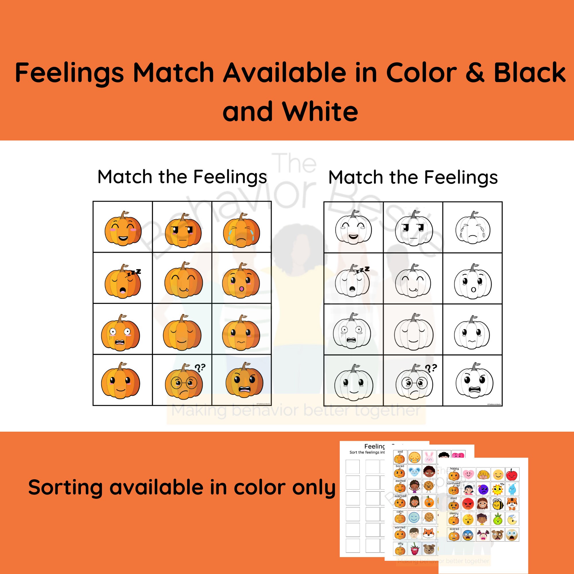 Pumpkin Feelings Match and Sort, Preschool Feelings Activity, Emotions ...