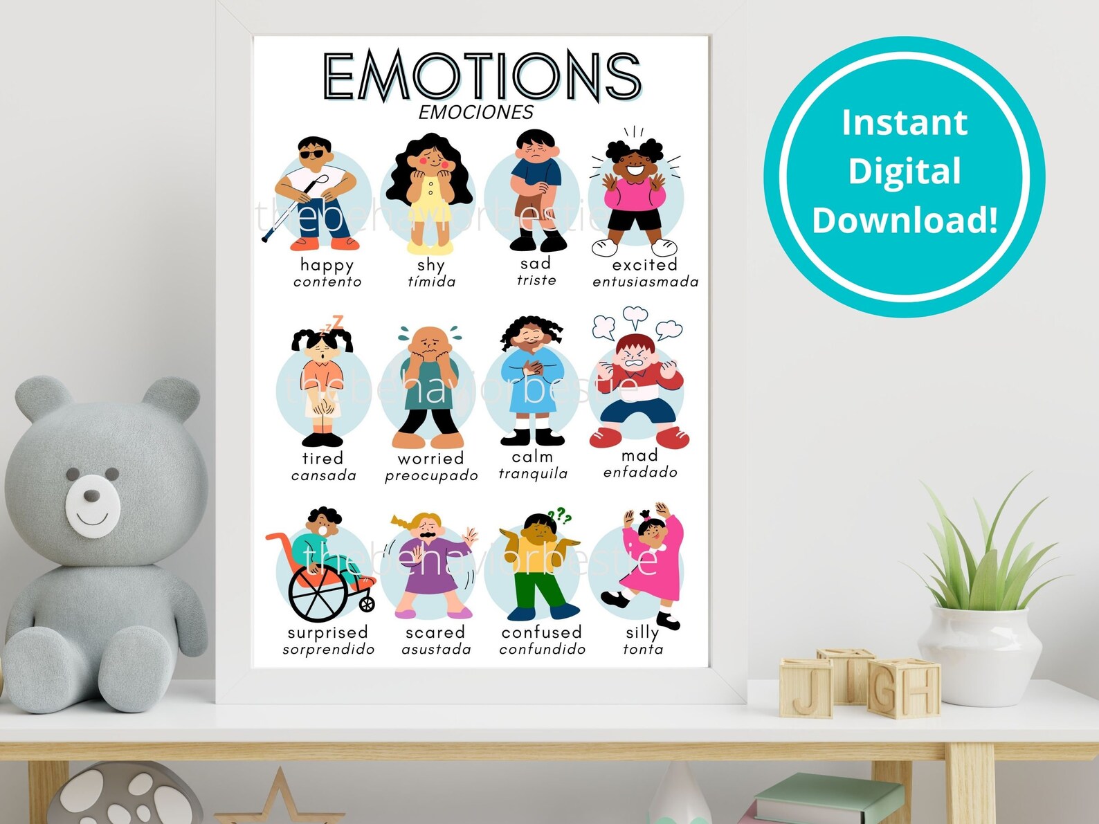 Bilingual SPANISH-ENGLISH Emotions Poster Digital Feelings Chart ...
