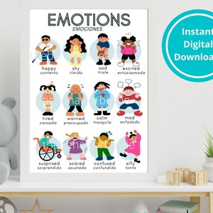 Bilingual SPANISH-ENGLISH Emotions Poster | Digital Feelings Chart ...