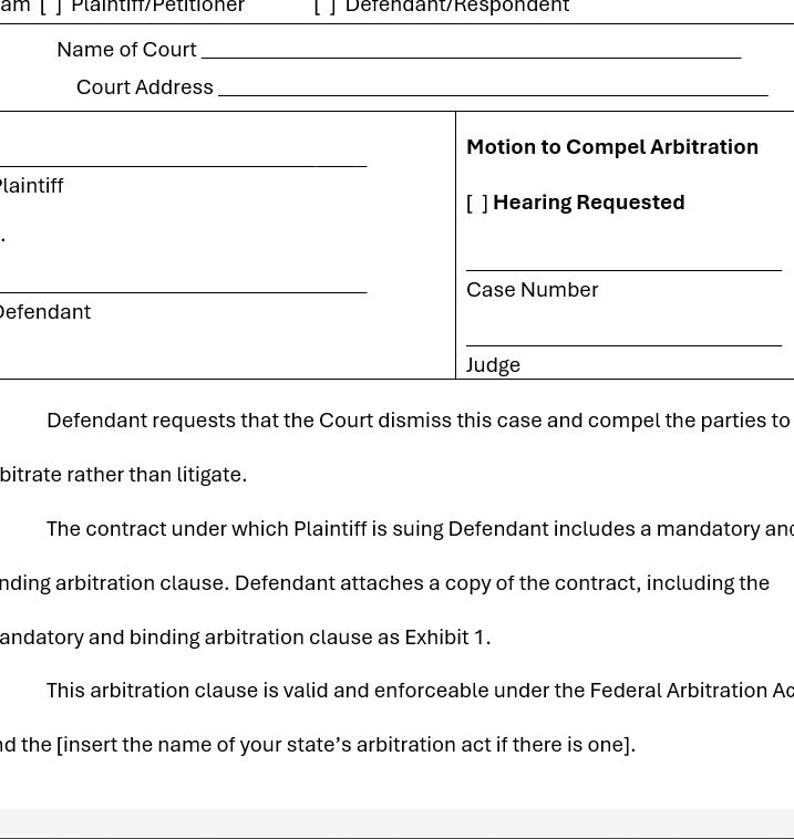 Motion to Compel Arbitration Template Attorney-drafted Fillable Word ...