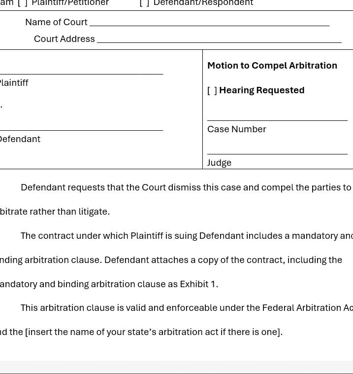 Motion to Compel Arbitration Template Attorney-drafted Fillable Word ...
