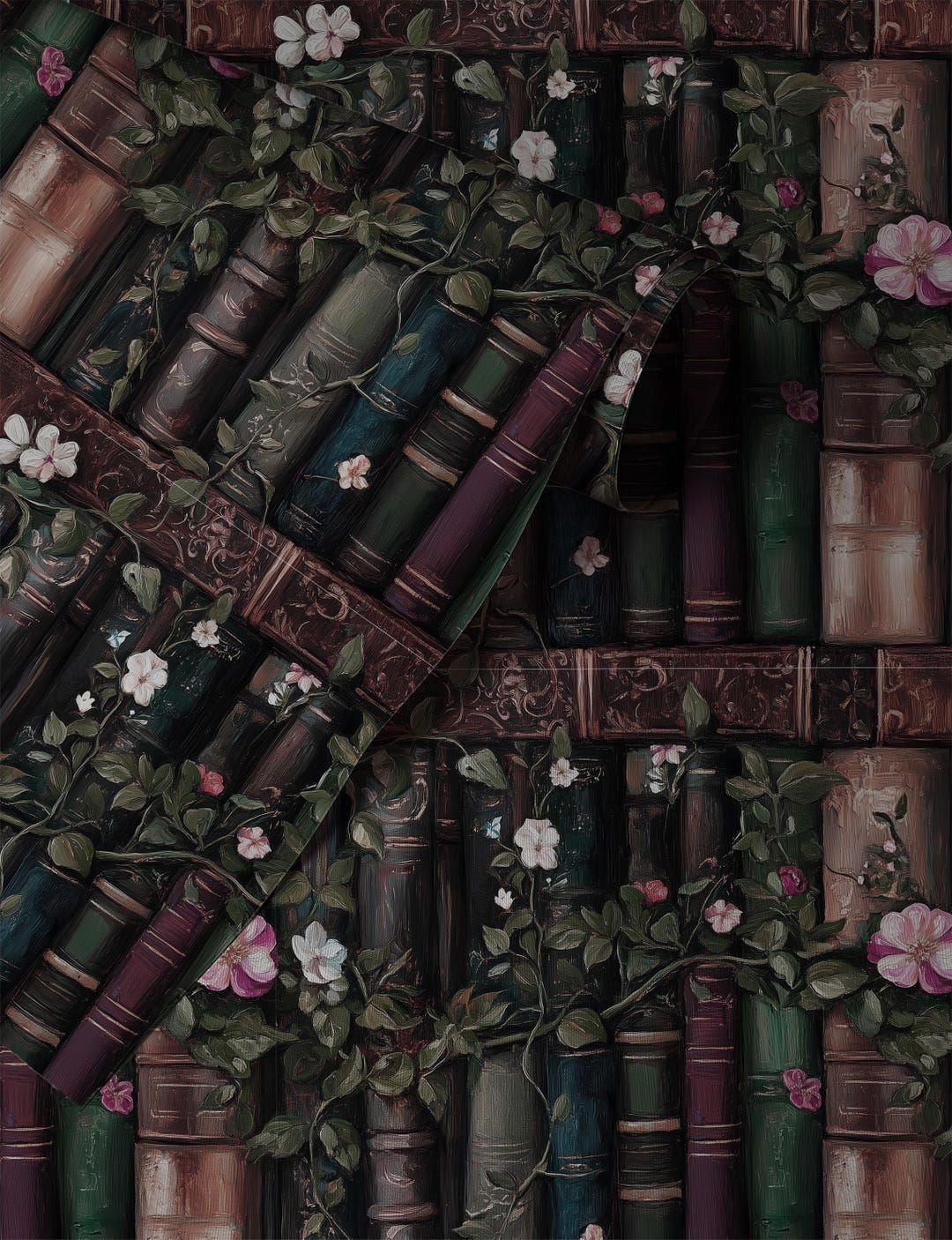 Dark Academia Bookshelf Peel & Stick Wallpaper | Vintage Floral Library ...