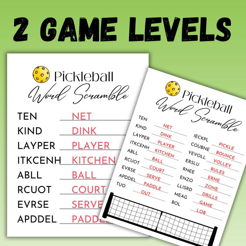 Pickleball Game Word Scramble With 2 Levels of Printable Pages for ...