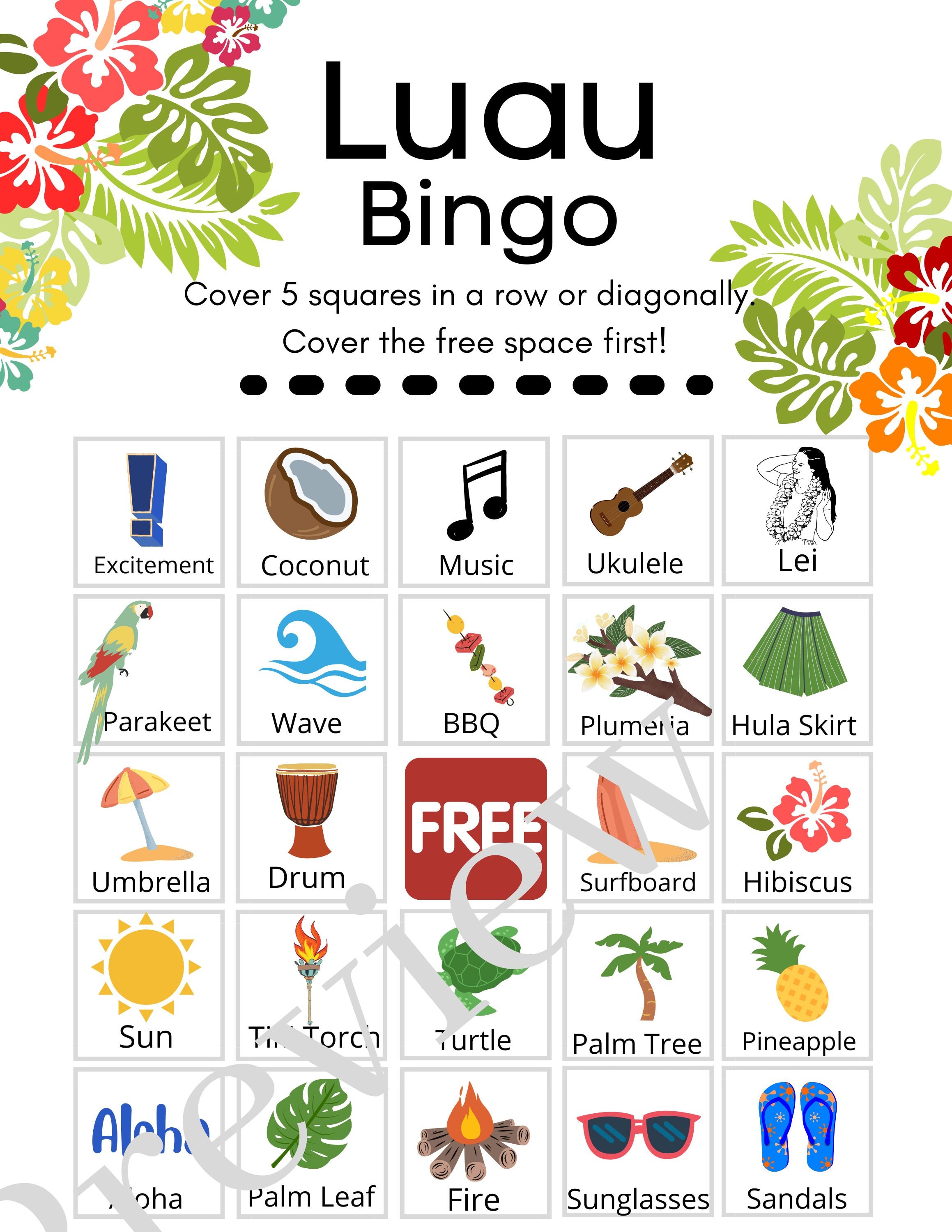 Printable Luau Bingo Game With Colorful Beach Images for a Hawaiian ...
