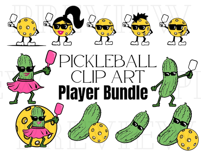 Big Bundle of Pickleball Players and Funny Pickleball Clipart With a ...