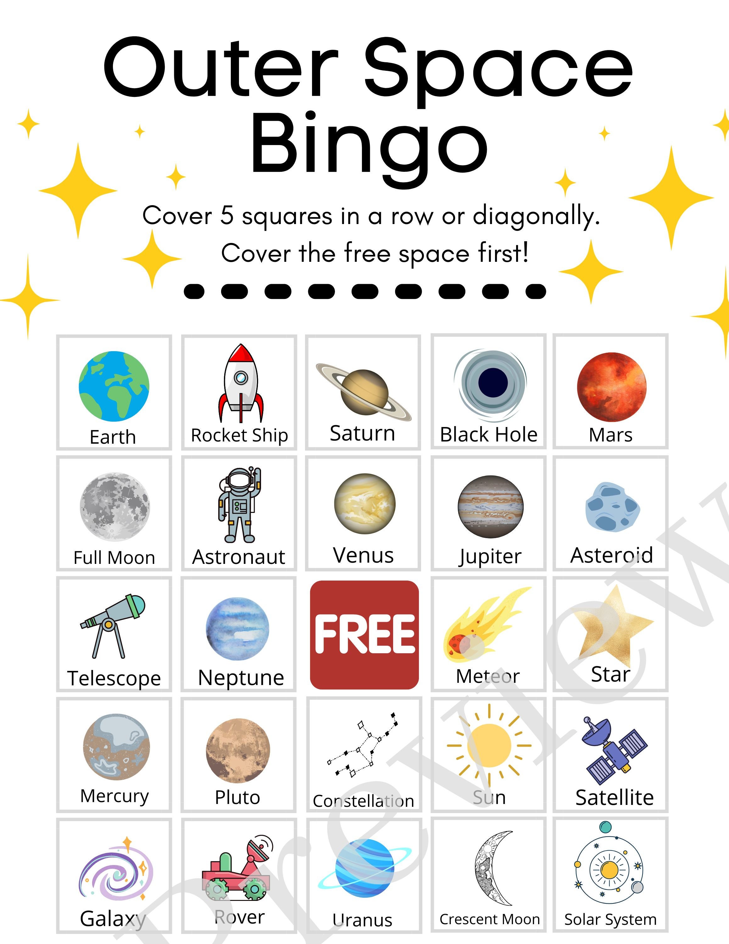 Space Bingo Printable Game With Vibrant Planets and Stars With Word ...