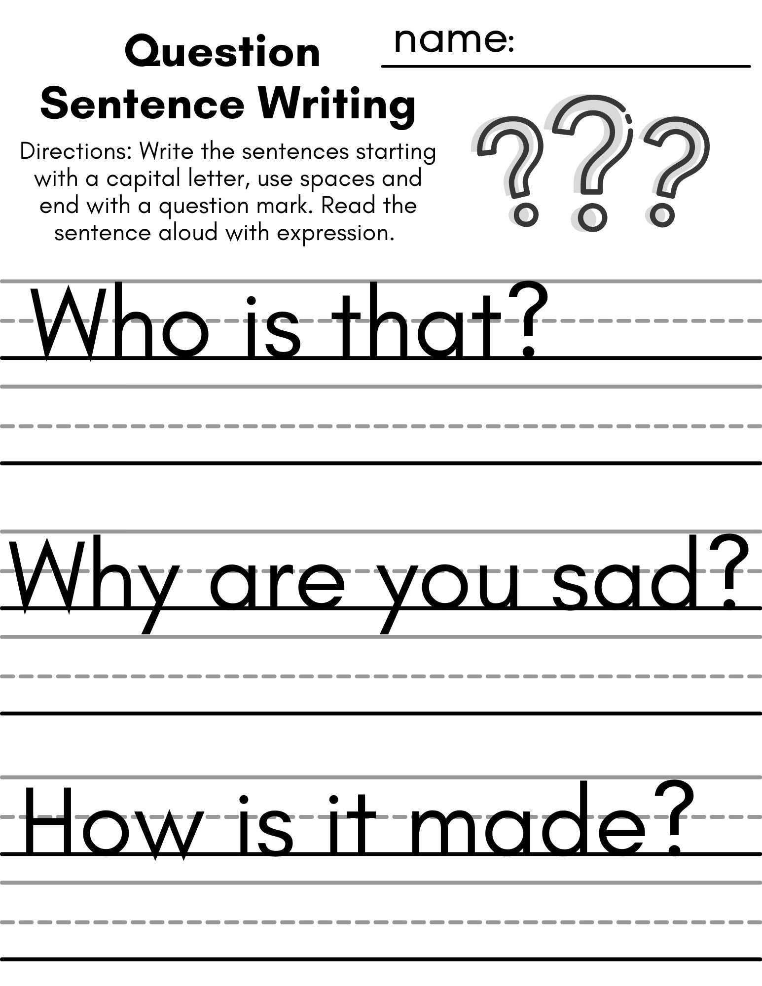 Printable Handwriting Worksheets With Question Sentences and Who, What ...