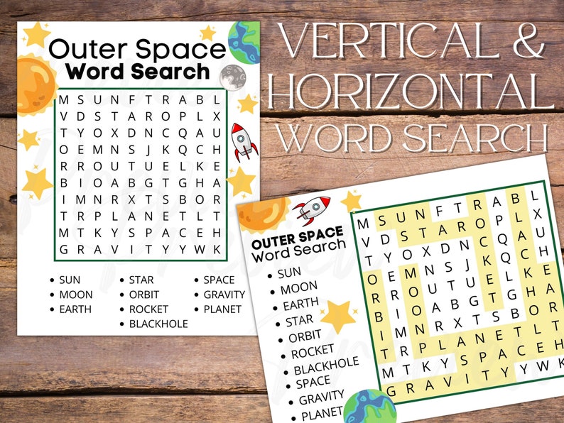 Outer Space Word Search Game With Earth Moon Sun Stars Planets Gravity ...